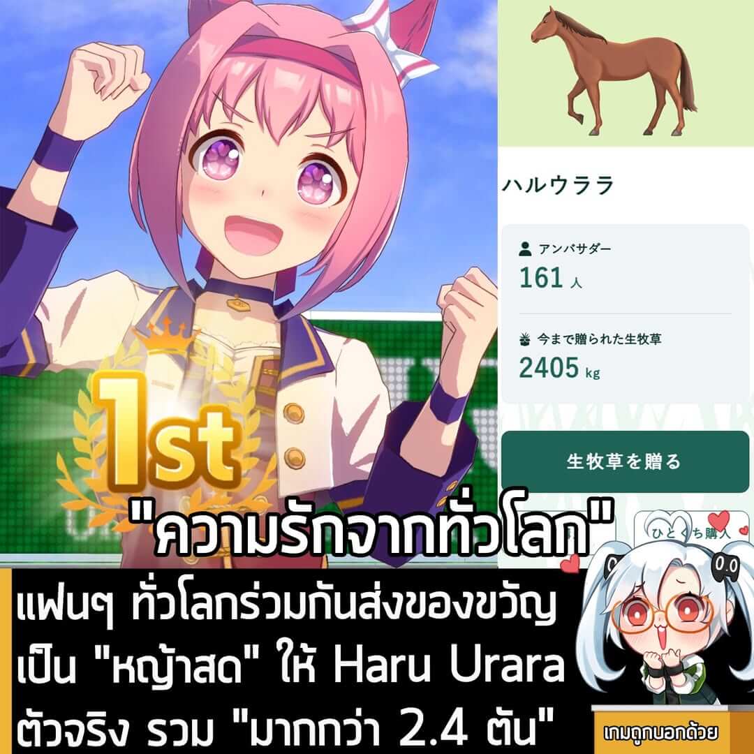 [News] แฟนๆ ทั่วโลกร่วมกันส่งของขวัญเป็น "หญ้าสด" ให้ Haru Urara ตัวจริง รวม "มากกว่า 2.4 ตัน"