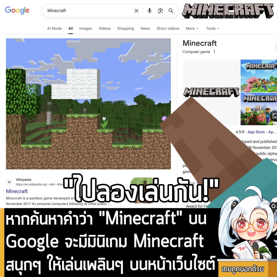 หากค้นหาคำว่า "Minecraft" บน Google จะมีมินิเกม Minecraft สนุกๆ ให้เล่นเพลินๆ บนหน้าเว็บไซต์