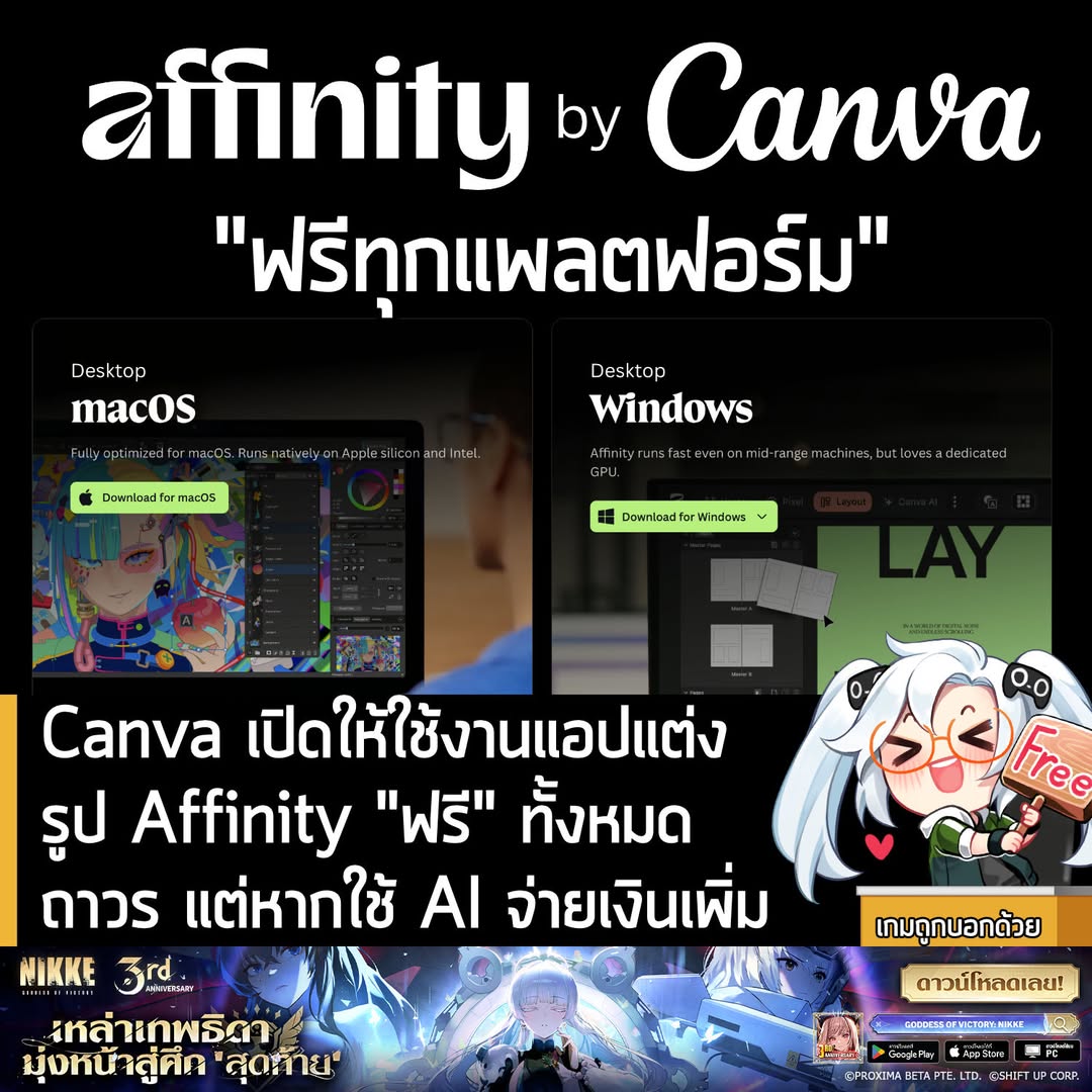 Canva เปิดให้ใช้งานแอปแต่งรูป Affinity "ฟรี" ทั้งหมดถาวร แต่หากใช้ AI จ่ายเงินเพิ่ม